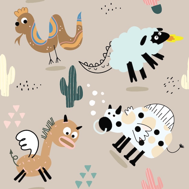 Whimsical Desert Creatures and Cacti Doodle Illustrations Collection ...
