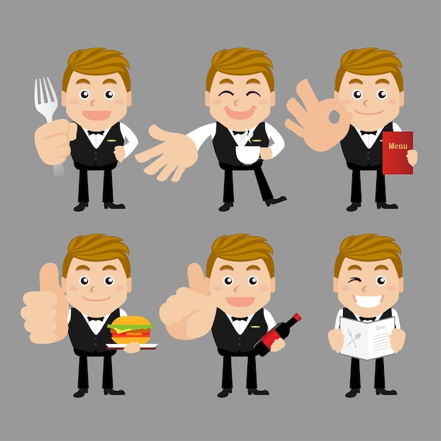 Diverse Collection of Animated Waiter Character Illustrations | Jiffy ...