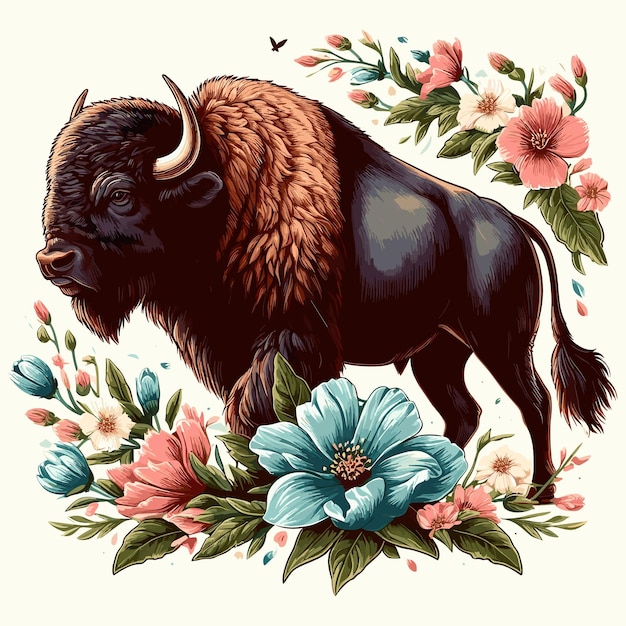 Majestic Bison Amidst Vibrant Floral Splendor | Jiffy Designs