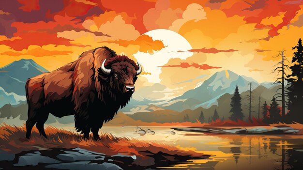 Majestic Bison Stands Tall in Vibrant Autumn Landscape | Jiffy Designs