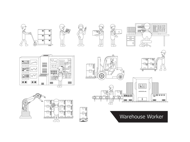 Detailed Sketches of Warehouse Worker's Daily Tasks and Tools | Jiffy ...