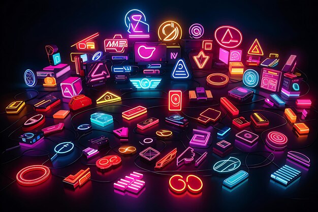 Vibrant Neon Shapes and Symbols Floating in Darkness | Jiffy Designs