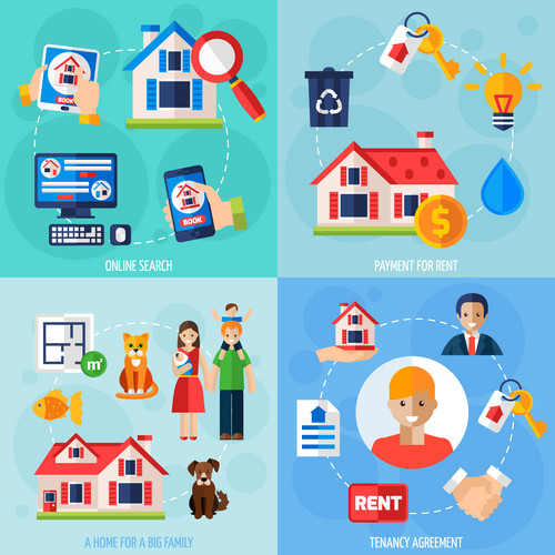 House Rent Design Concept Set With Flat Tenancy Icons Isolated Vector ...
