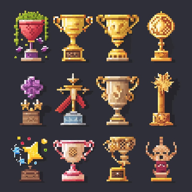 Vibrant Pixel Art Collection of Diverse Trophies and Awards | Jiffy Designs