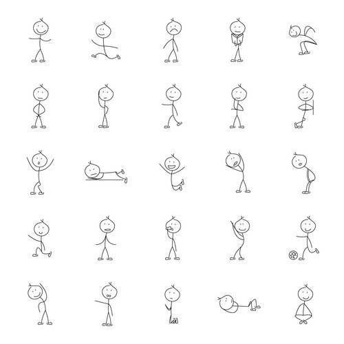 Cartoon Hand Drawn Outline Stick Man In Different Poses Vector Set ...