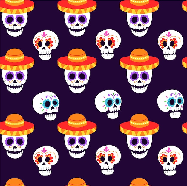 Vibrant Day of the Dead Skull Pattern with Sombreros | Jiffy Designs