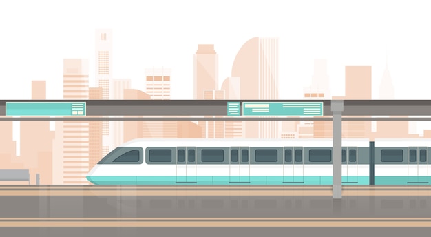 Sleek Turquoise Train Passing Modern City Skyline Illustration | Jiffy ...