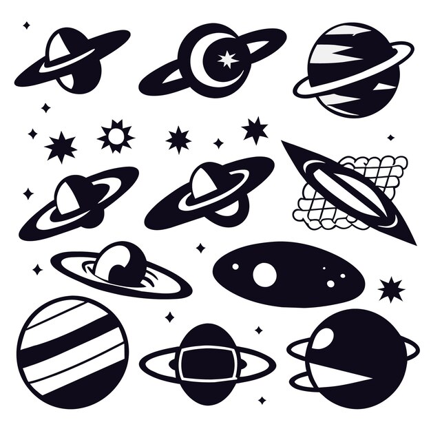 Collection of Black and White Planetary and Celestial Icons | Jiffy Designs