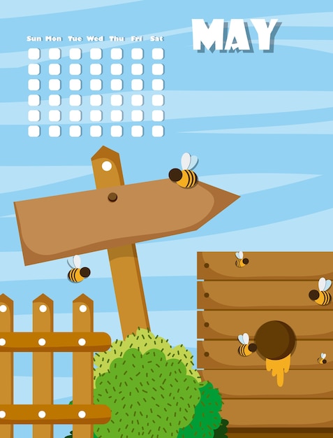 Whimsical May Calendar with Wooden Signpost and Beehive Illustration ...