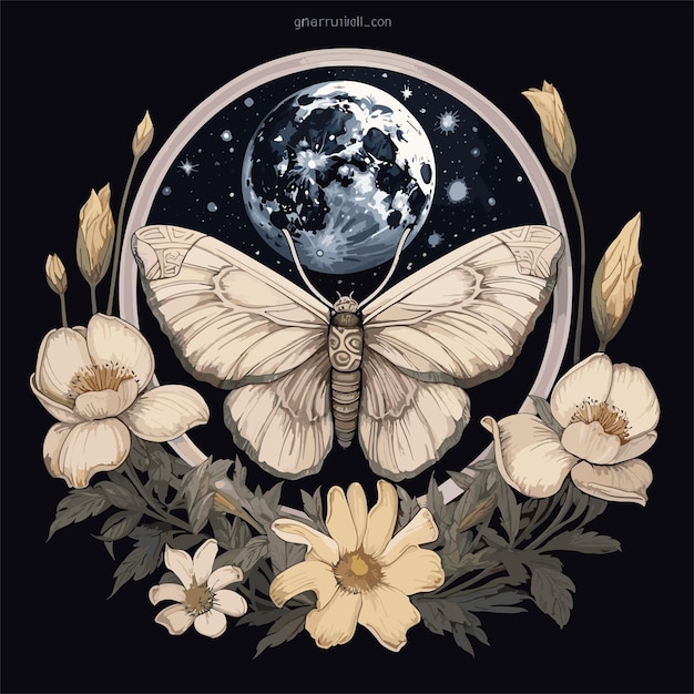 Enchanting Lunar Moth Amid Ethereal Floral Blooms | Jiffy Designs
