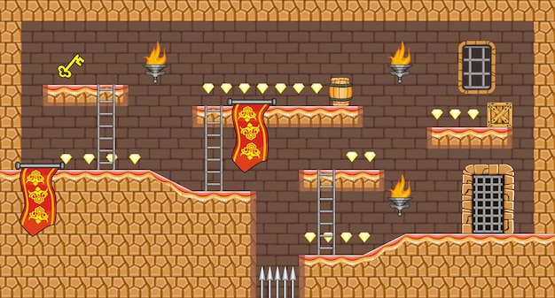 Adventurous Platformer Game Level with Torches and Ladders | Jiffy Designs