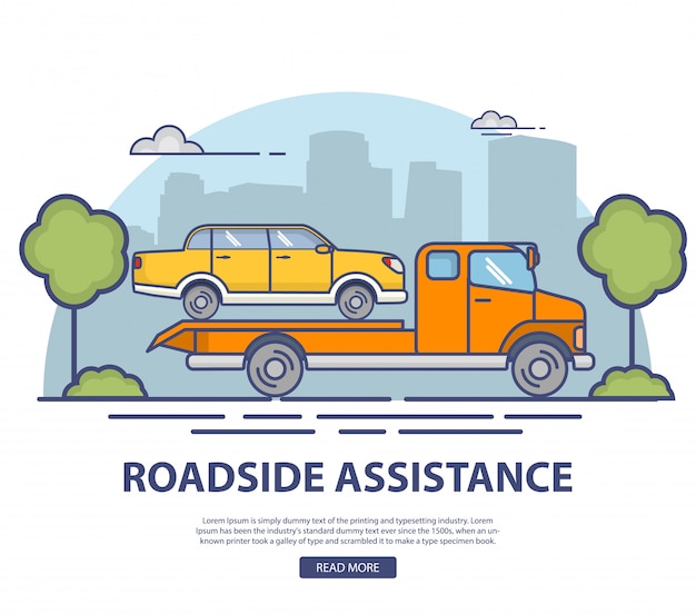City Skyline and Tow Truck Providing Roadside Assistance | Jiffy Designs