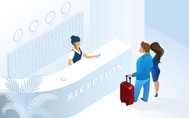 Receptionist Greeting Guests with Luggage in Modern Hotel Lobby | Jiffy ...