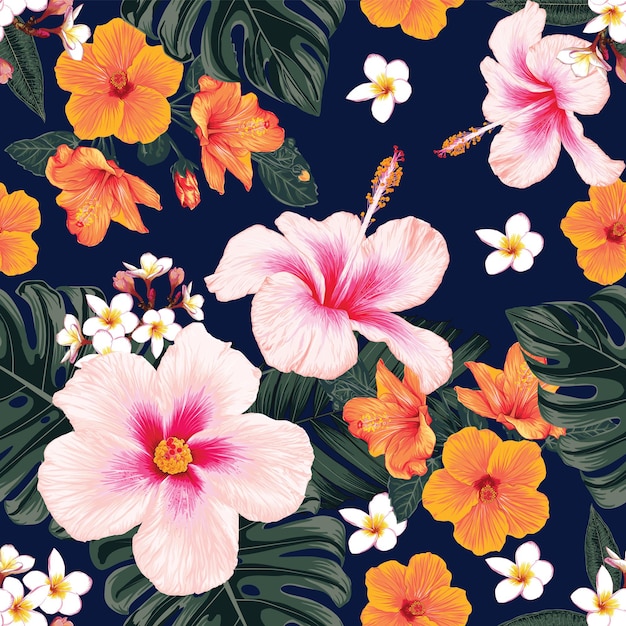 Vibrant Tropical Floral Pattern with Hibiscus and Palm Leaves | Jiffy ...