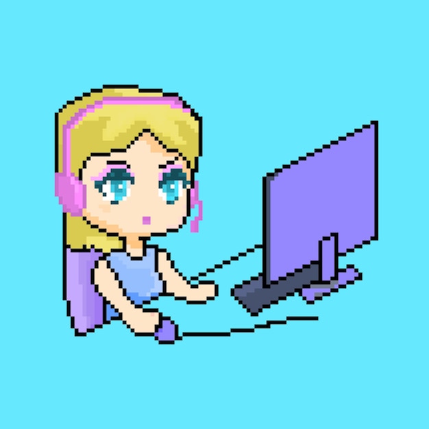 Adorable Pixel Art Girl Typing on Computer | Jiffy Designs