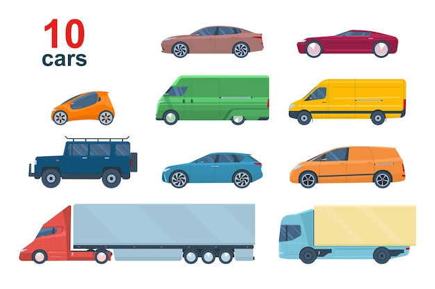 Diverse Collection of 10 Vibrant and Stylized Vehicle Illustrations ...