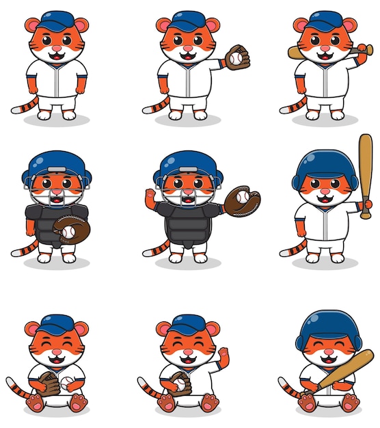 Vibrant Collection of Nine Animated Baseball Tiger Characters | Jiffy ...