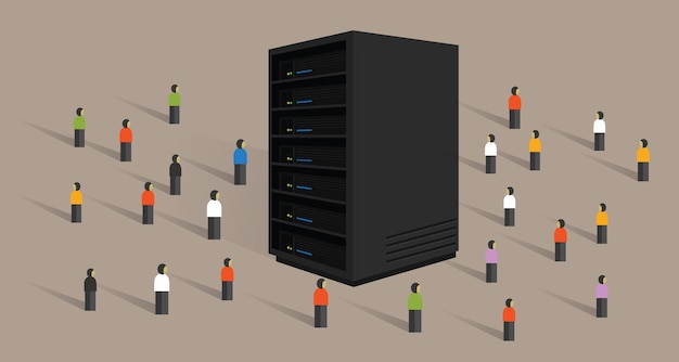 Diverse Crowd Surrounding Powerful Server Tower in Minimalist Style ...