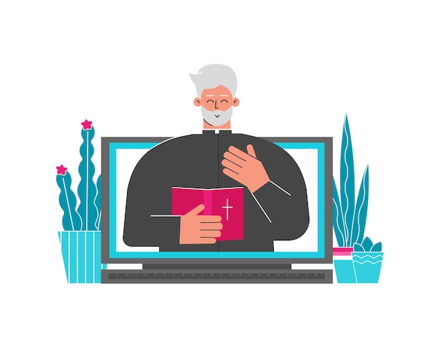 Cheerful Priest Delivering Online Sermon from Laptop | Jiffy Designs