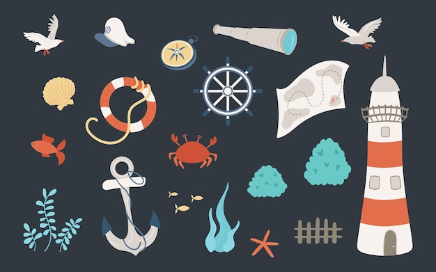 Vibrant Nautical Symbols and Coastal Elements on Dark Background ...