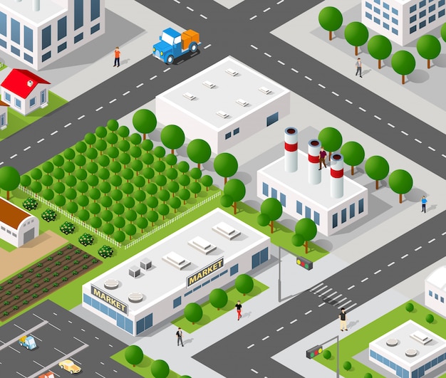 Isometric City Block with Buildings, Roads and Green Spaces | Jiffy Designs