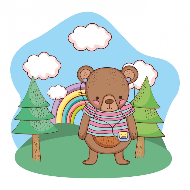 Whimsical Bear Illustration with Rainbow, Clouds, and Trees | Jiffy Designs