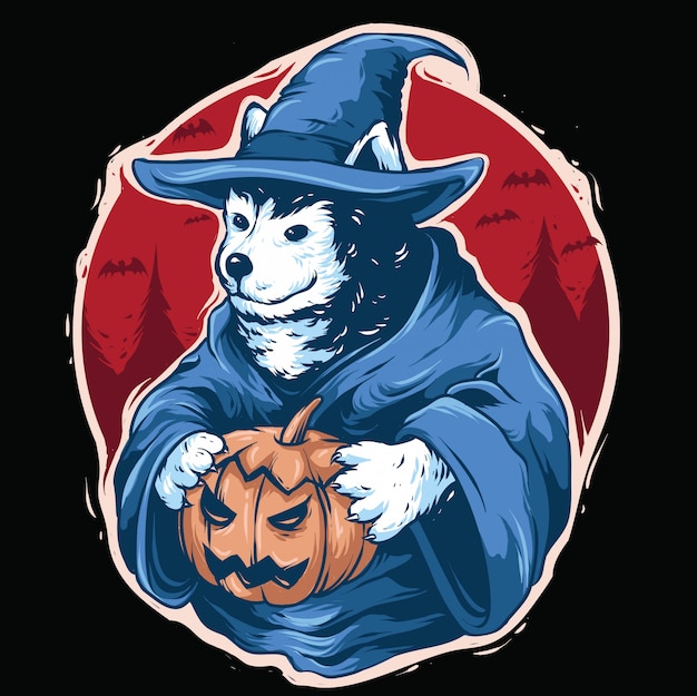 Spooky Wolf in Witch Hat Holding Carved Pumpkin Illustration | Jiffy ...