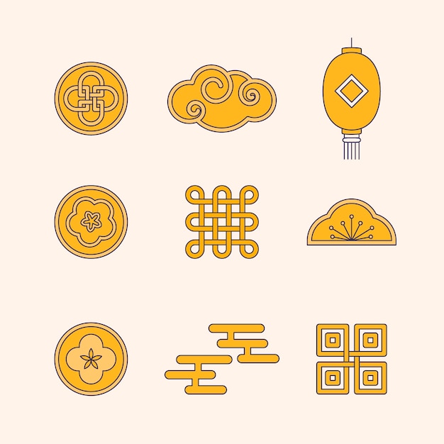 Vibrant Yellow Chinese Geometric Pattern Symbols and Motifs Collection ...