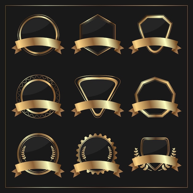 Elegant Gold Ribbon Emblems with Laurel Wreaths on Black | Jiffy Designs