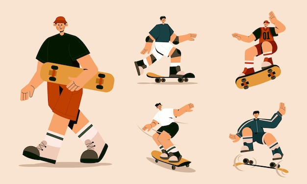 Vibrant Skateboarding Enthusiasts in Diverse Poses | Jiffy Designs