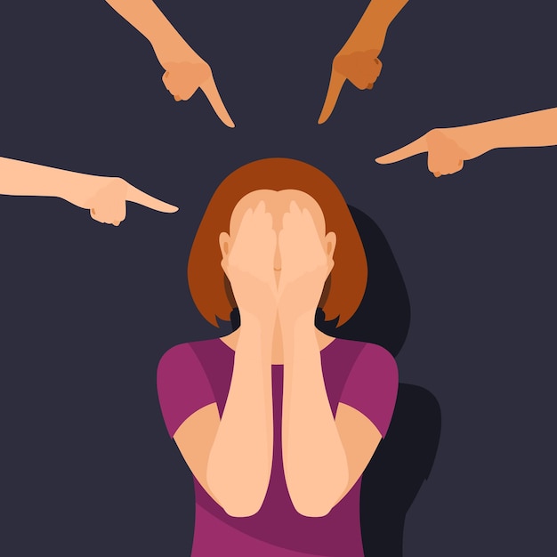 Distressed Woman Surrounded by Accusing Fingers in Dark | Jiffy Designs