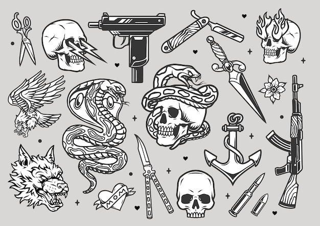 Monochrome Tattoo Style Sticker Collection with Edgy Motifs | Jiffy Designs