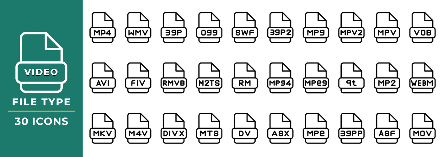 File Format Video Icons Set In Outline Style. Collection Of File ...