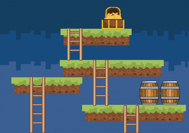 Vibrant Pixel Art Platformer Landscape with Ladders and Barrels | Jiffy ...