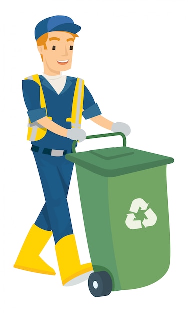 Smiling Garbage Collector Pushing Green Recycling Bin Illustration ...