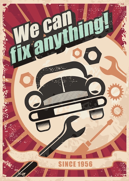 Vintage Automotive Repair Poster with Retro Mechanics Tools | Jiffy Designs
