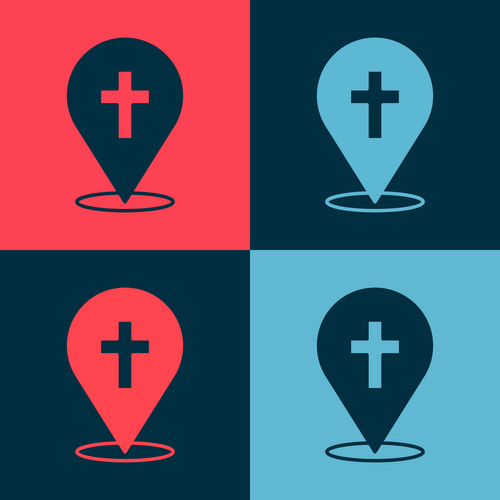 Pop Art Map Pin Church Building Icon Isolated On Color Background ...