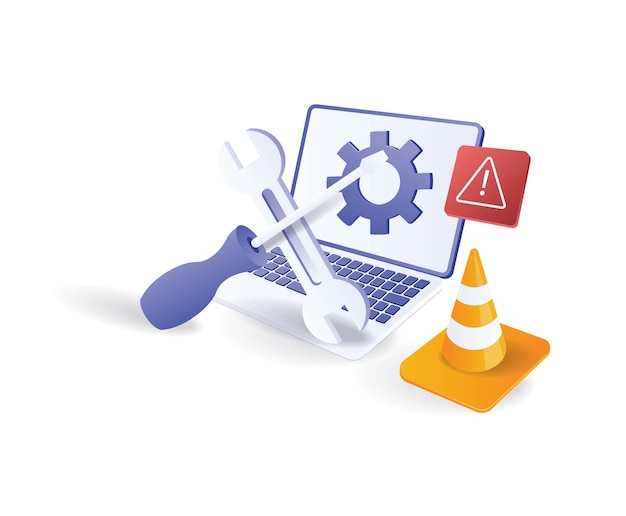Laptop with Repair Tools and Traffic Cone on White Background | Jiffy ...