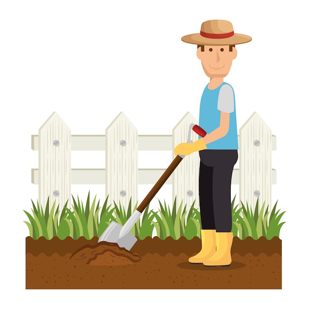Gardener Digging in Vegetable Patch with Wooden Fence Background ...