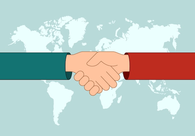 Handshake over a world map: symbol of global cooperation | Jiffy Designs