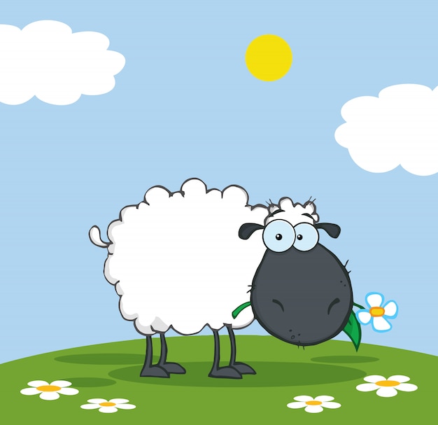 Whimsical Sheep Illustration with Daisy Flower on Grassy Field | Jiffy ...