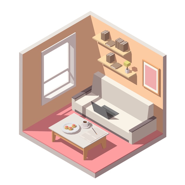 Cozy Isometric Living Room with Minimalist Decor | Jiffy Designs