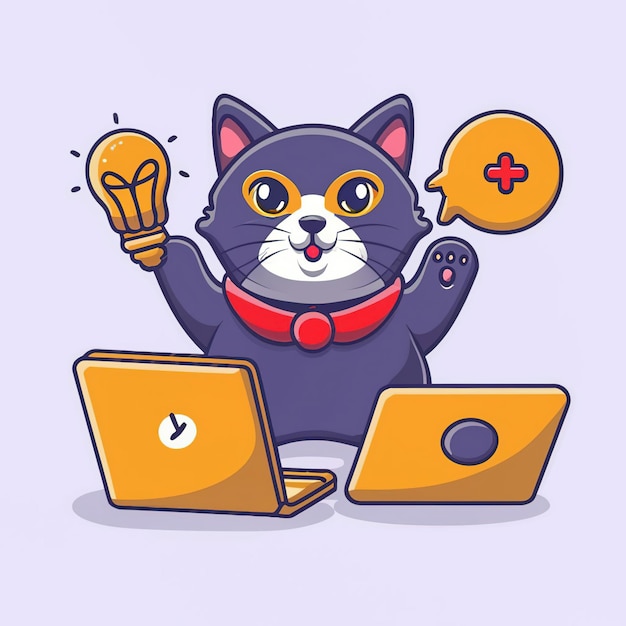 Cheerful Cat Multitasking with Technology | Jiffy Designs