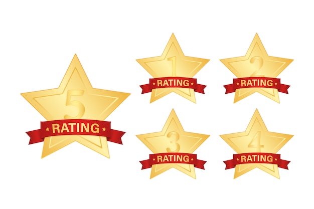 Vibrant Golden Star Ratings with Crimson Ribbons | Jiffy Designs