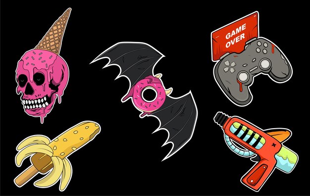 Vibrant Gaming Symbols: Skull, Bat, Controller, Banana, Raygun | Jiffy ...