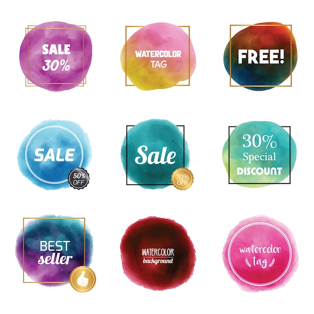 Vibrant Watercolor Sale Tags with Bold Text Overlays | Jiffy Designs