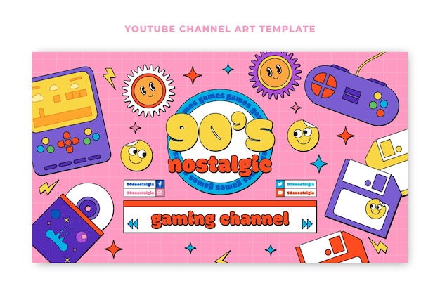 Vibrant Retro Gaming Channel Art with Nostalgic 90s Vibes | Jiffy Designs