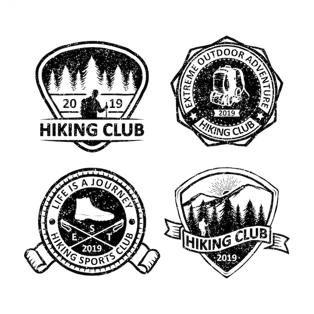 Vintage Hiking Club Emblem Collection with Outdoor Adventure Motifs ...