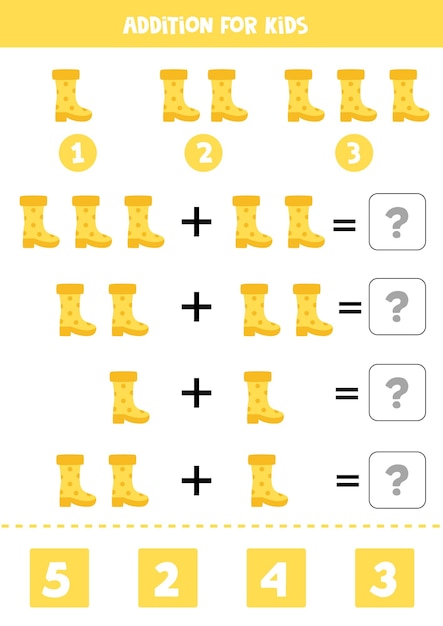 Yellow Rain Boot Addition Worksheet for Children | Jiffy Designs