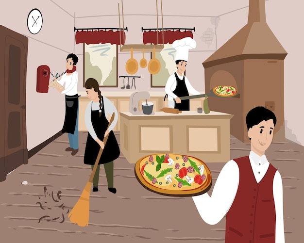 Bustling Pizzeria with Chefs, Diners, and Brick Oven | Jiffy Designs